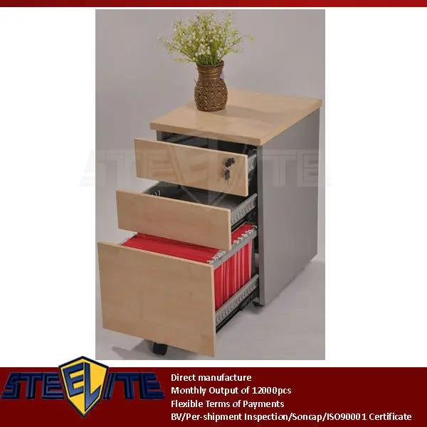 Moveable Wooden Three Chests/under Desk Lockable Teak Plywood Top Steel ...