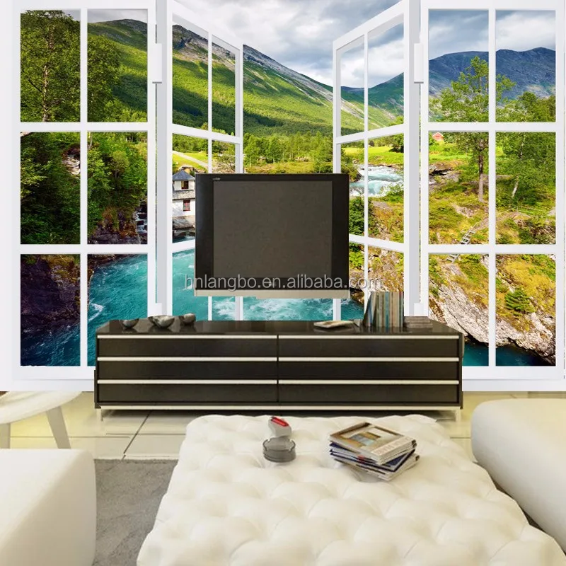 City Mural Wallpaper Seamless Window Views Sea Blue Sky Grass Wallpaper ...