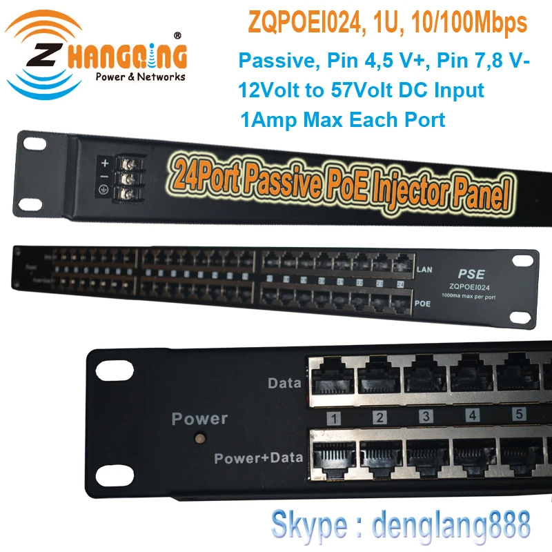 Rack mount Passive 24v 48v 56v poe Panel 24 port PoE injector for ...