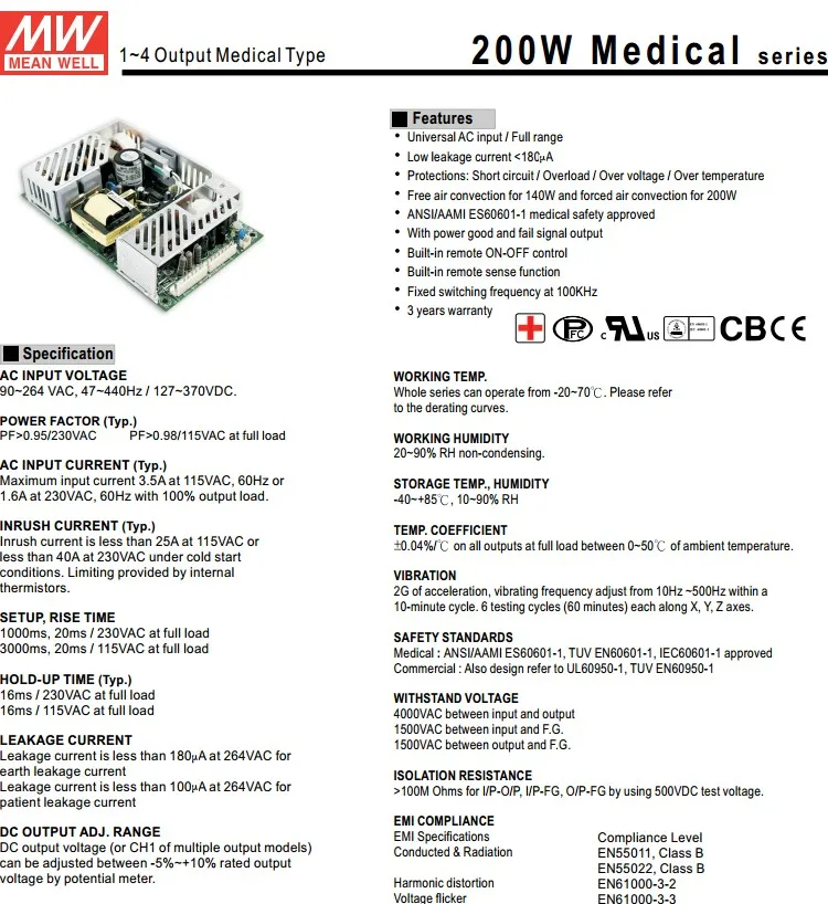 Mean Well Mpq-200d 200w 5v 24v 12v -12v Power Supply 200w Medical Power ...