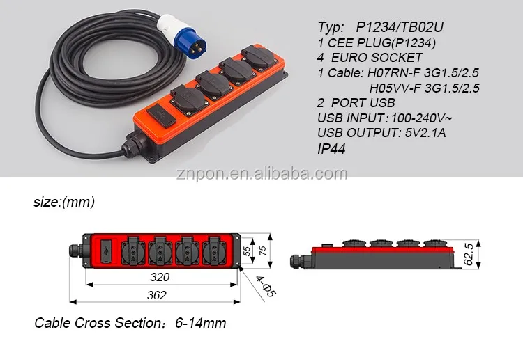 Znpon P1234/tb02u Ip44 4 Way Schuko Extension Lead Socket With Cee Plug ...