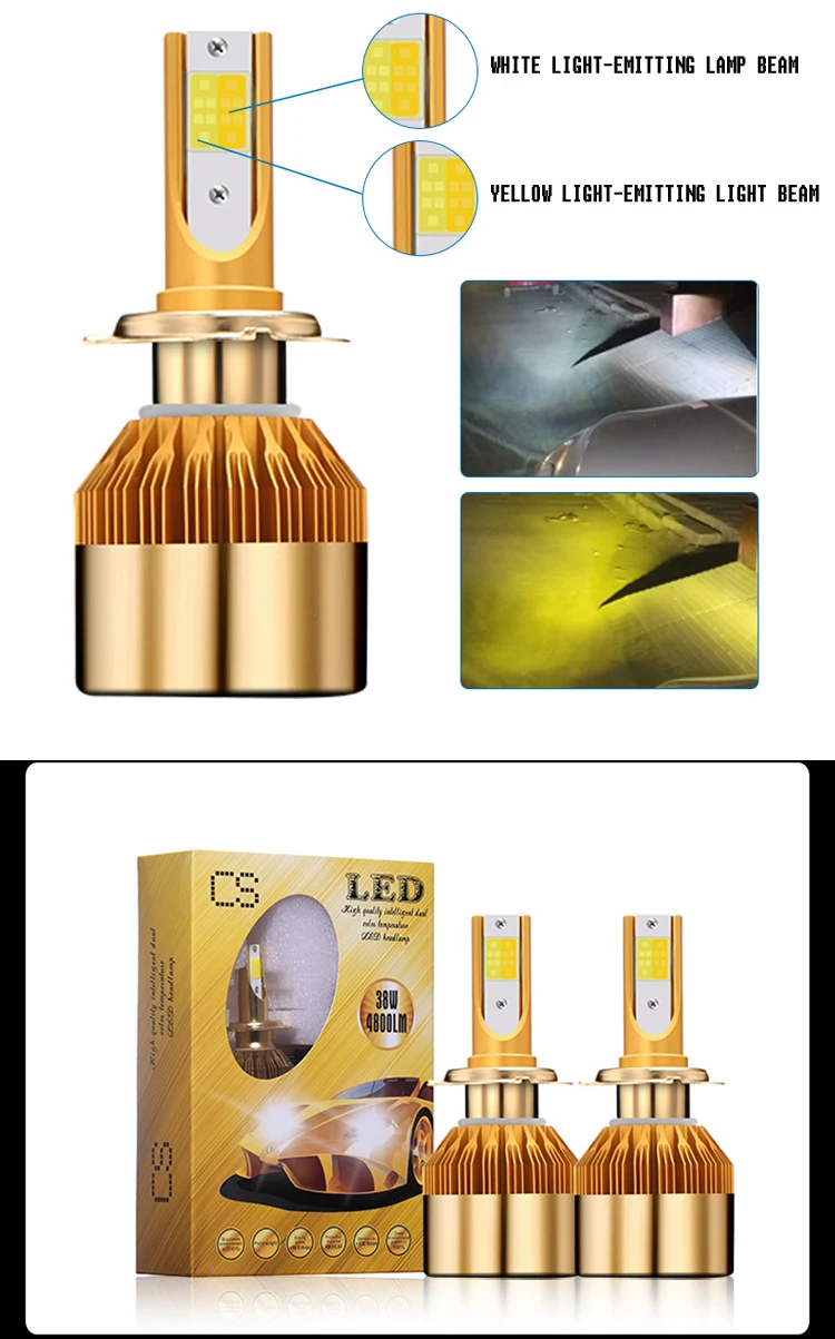 Auto Light Dual Color Led Headlight 38w 4800lm Yellow White Led Car ...