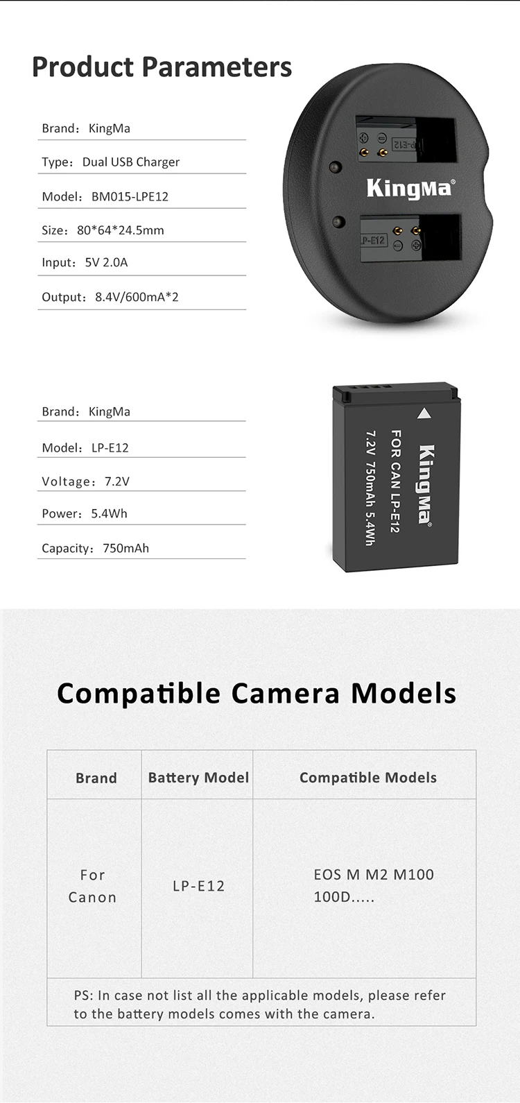 Kingma 2 Pack Battery And Dual Usb Charger For Canon Lp-e12 And Sx70 Hs,Eos M M10 M100 ...