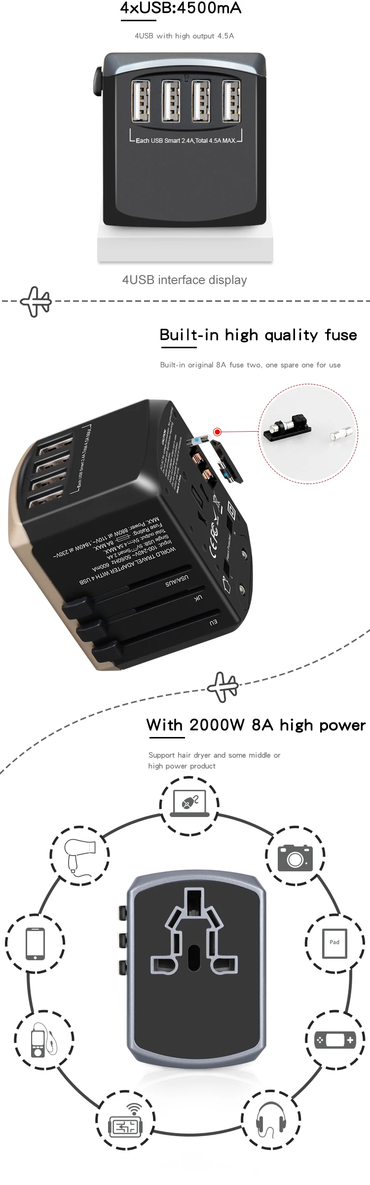 Universal Travel Adapter - 100-240V Multi Plug Charger