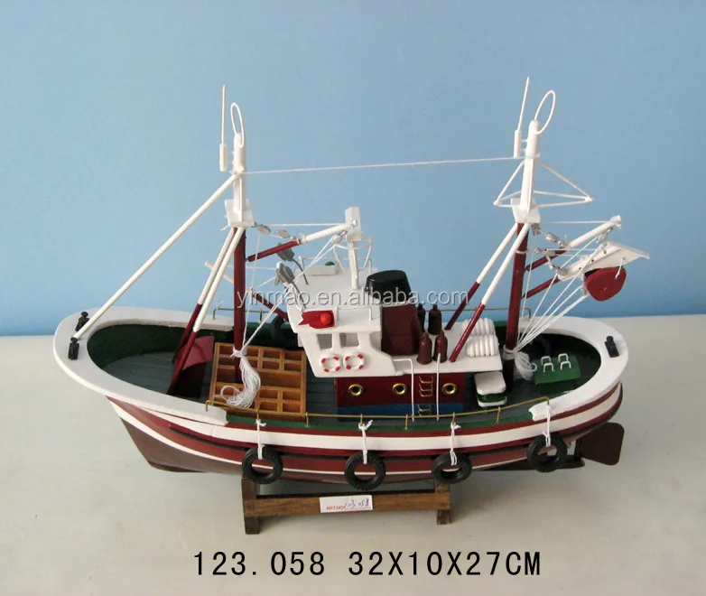 Wooden Fishing Shrimp/crab Boat Model With Sail,Red 32x10x30cm,3 Masts ...