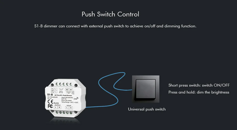 1ch*1a Rf + Push Ac Phase-cut Dimmer S1-b For Single Color Dimmable Led ...