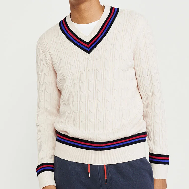 Men's Custom Wool Knit V Neck Cable Knit Cricket Sweater