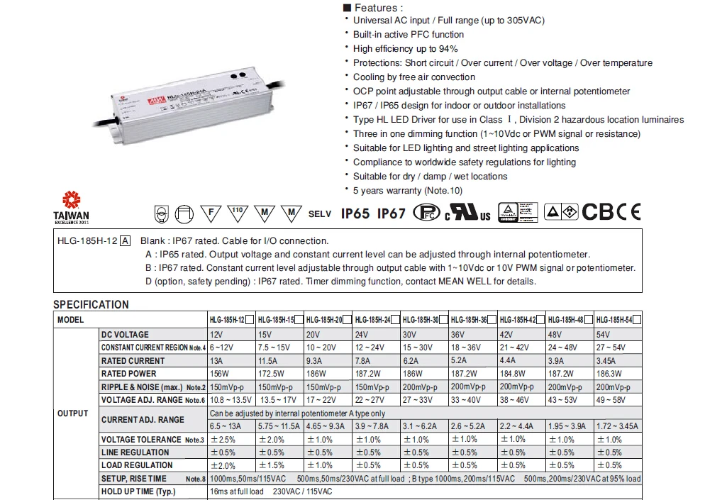 Meanwell Hlg-185h Series 185w 12v Single Output Switching Power Supply Hlg-185h-12 Hlg-185h-12a ...