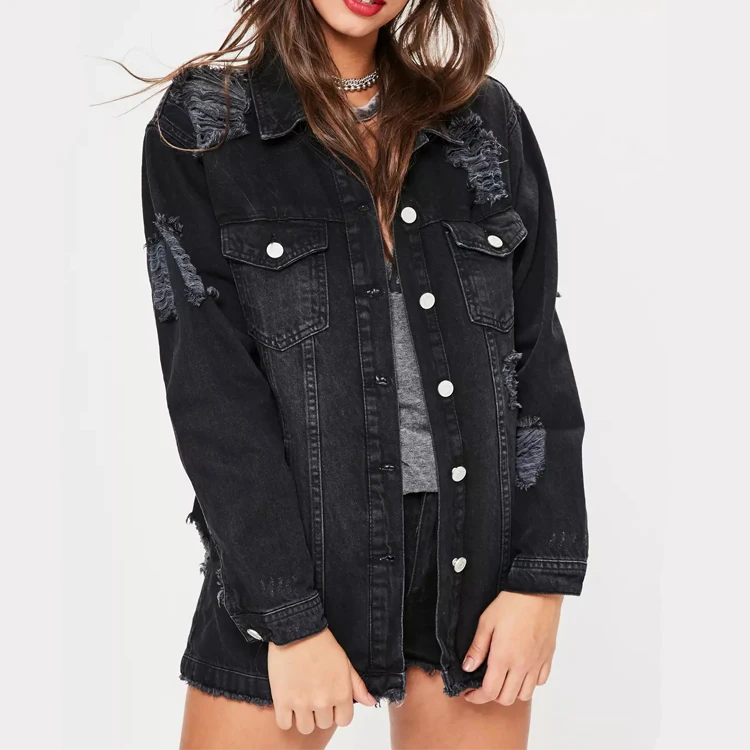 Wholesale Clothing Heavy Ripped Black Denim Long Jacket - Buy Black ...