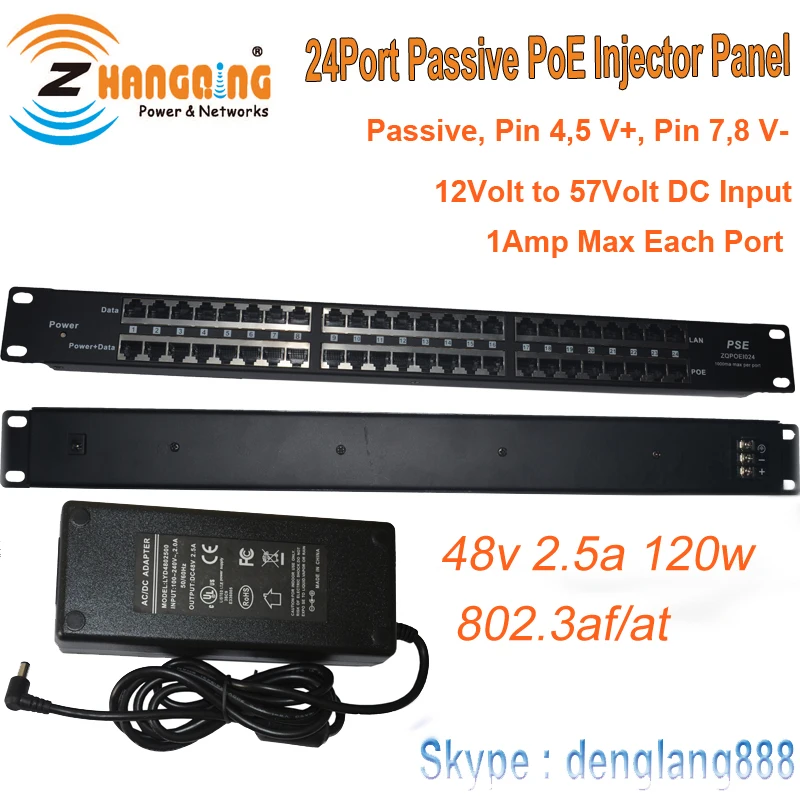 Rack mount Passive 24v 48v 56v poe Panel 24 port PoE injector for ...