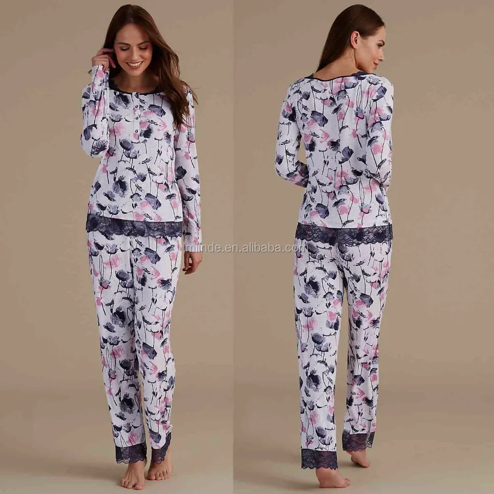 Custom Made In China Wholesale Sleepwear Floral Print Lace Trim Sexy ...