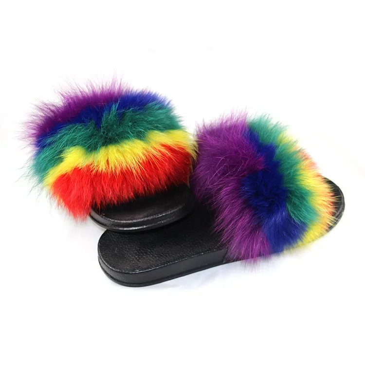 Multi Rainbow Color Fur Slides Women Sandals Fuzzy Pink Slippers - Buy ...