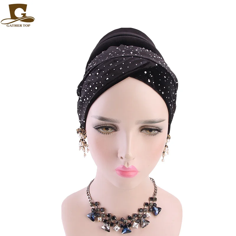 New Arrival Women Muslim Stretch Turban Rhinestone Velvet Hair Loss ...