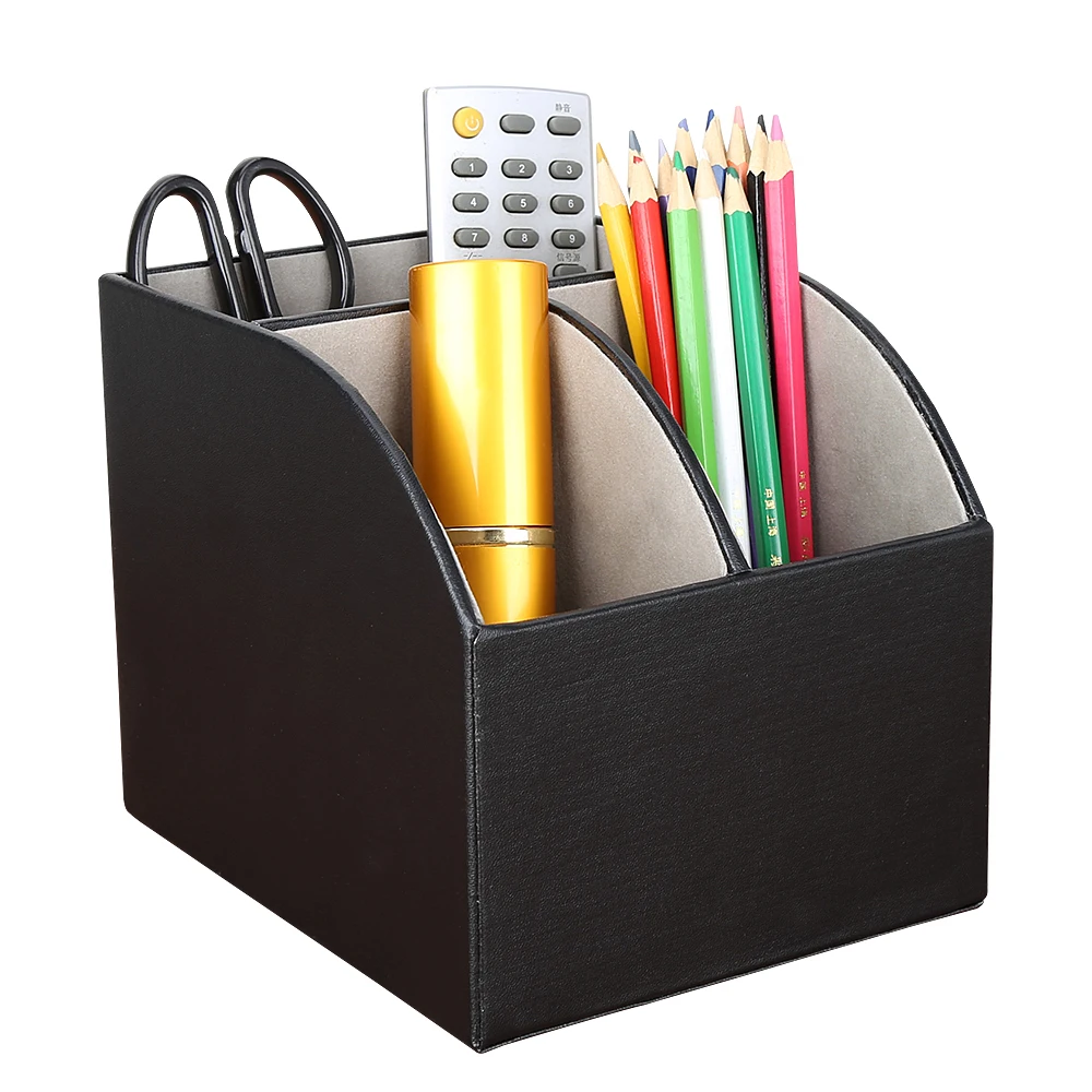 Rectangular Black Leather Pen Pencil Case Box With 4 Compartments - Buy ...