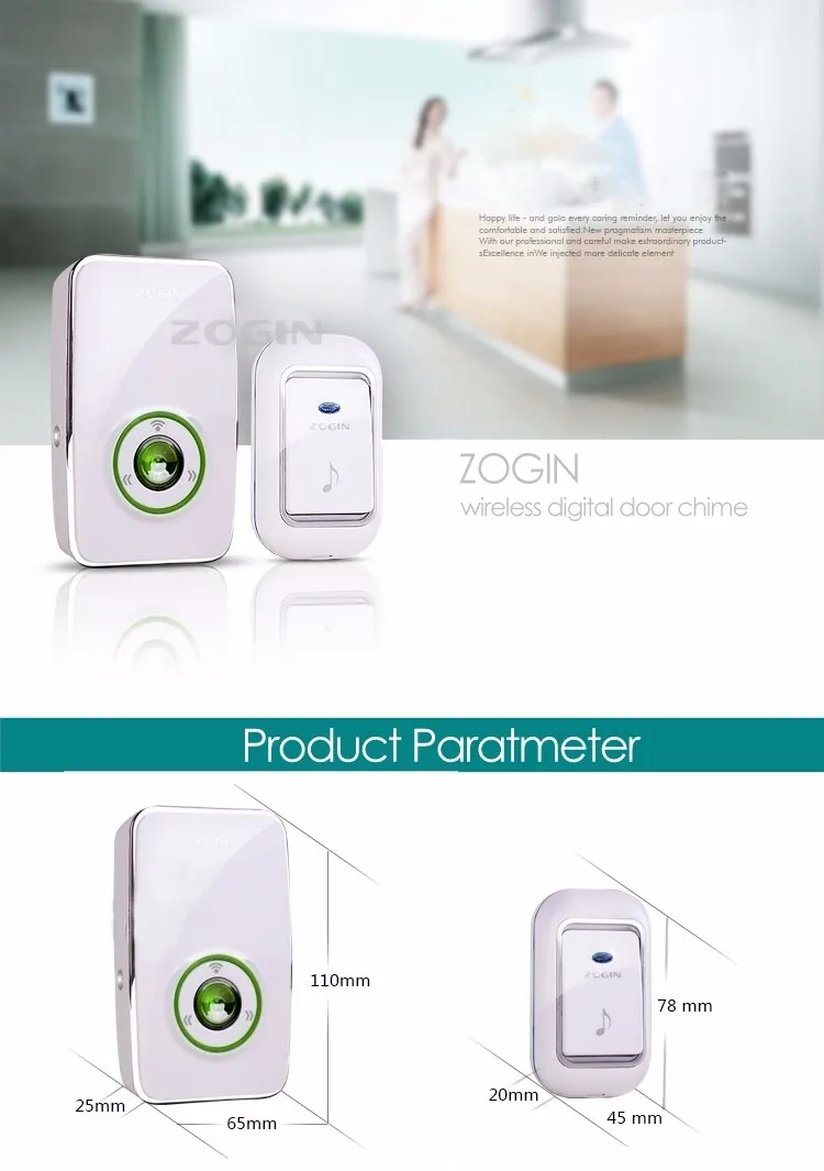 Zogin Wireless Doorbell With 52 Elegant Music&led Light Door Chime ...