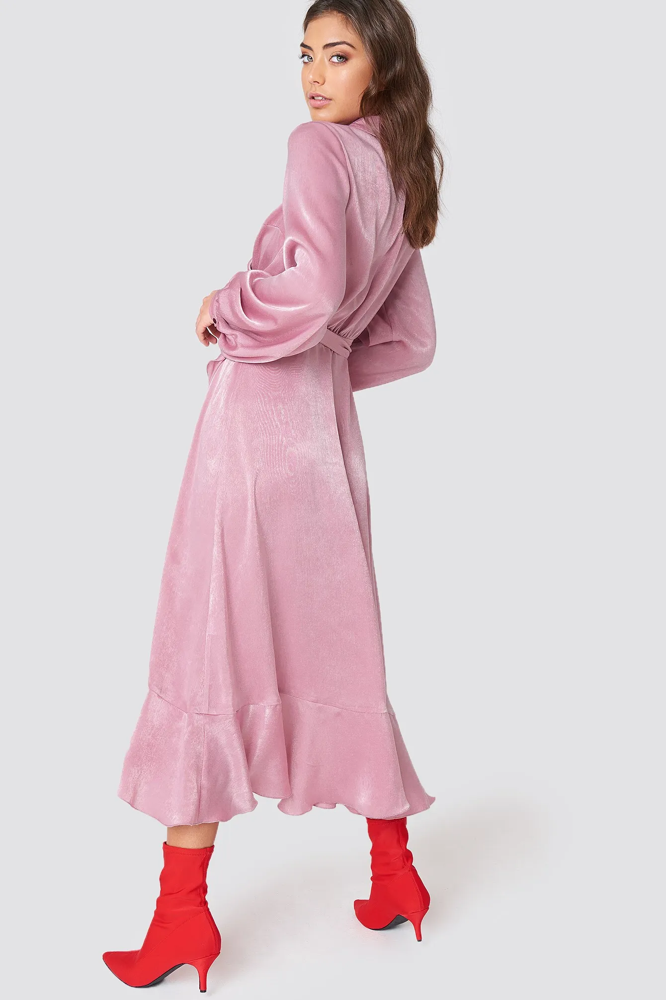 Pink Satin Ruffle Fall Wrap Dress Ladies Pink - Buy Satin Dress,Pink ...