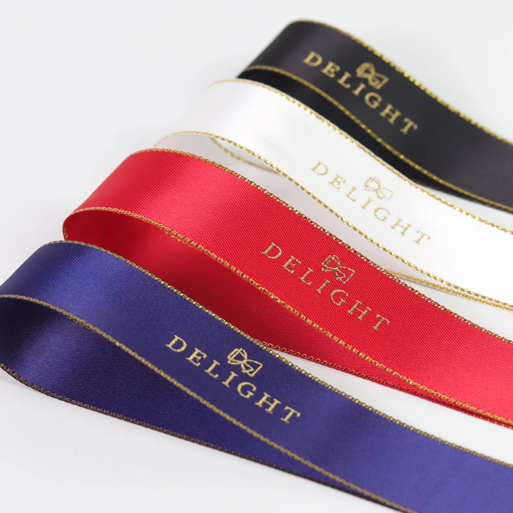 Custom Logo Printed Polyester Satin Ribbon With Gold Edge - Buy Custom ...