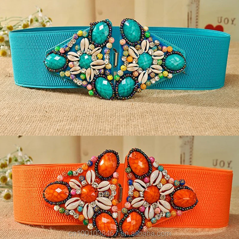 Ladies Wide Seashell Turquoise Elastic Belts Wide Crystal Rhinestone ...