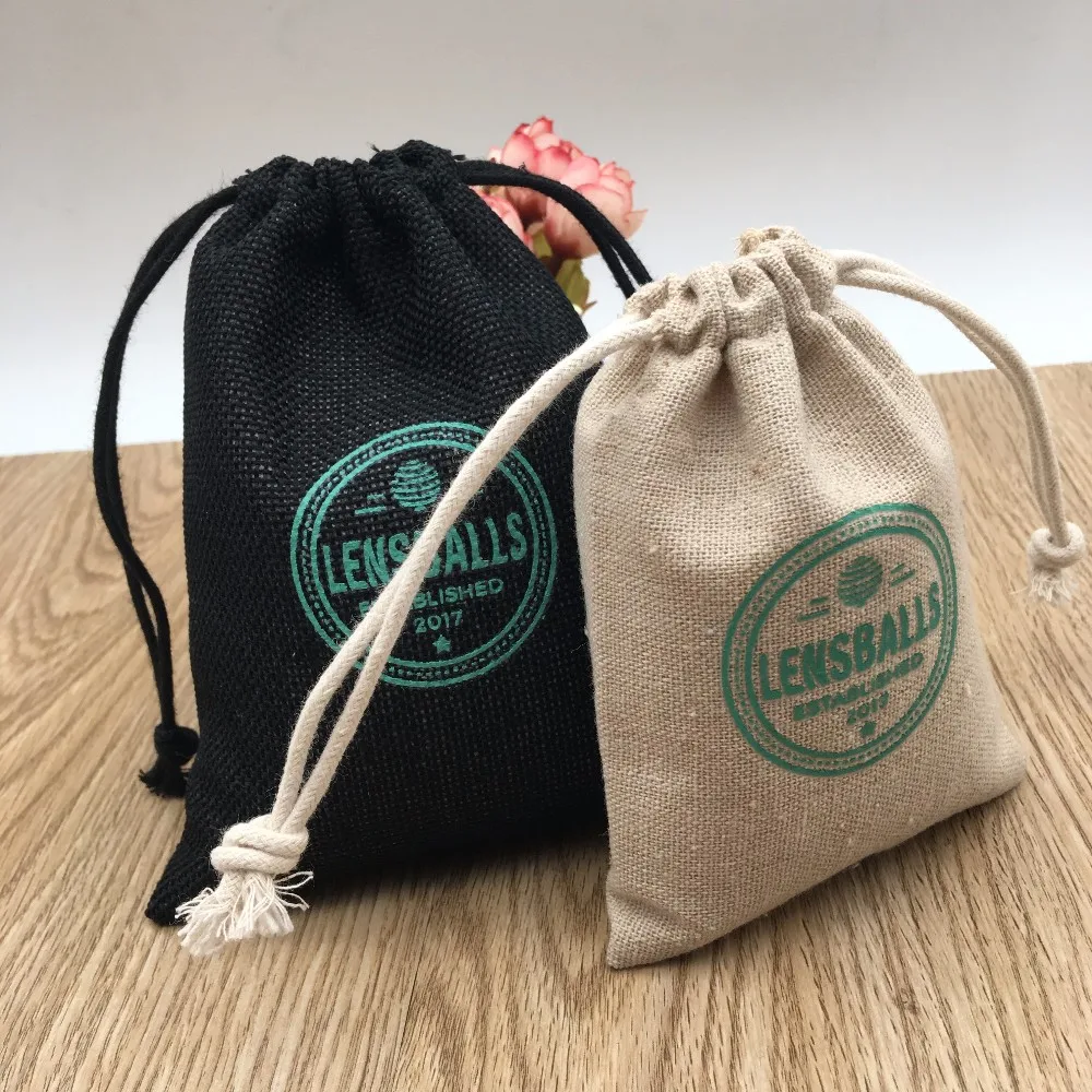 Custom Logo Black Burlap Drawstring Jute Bag for Gift Packaging