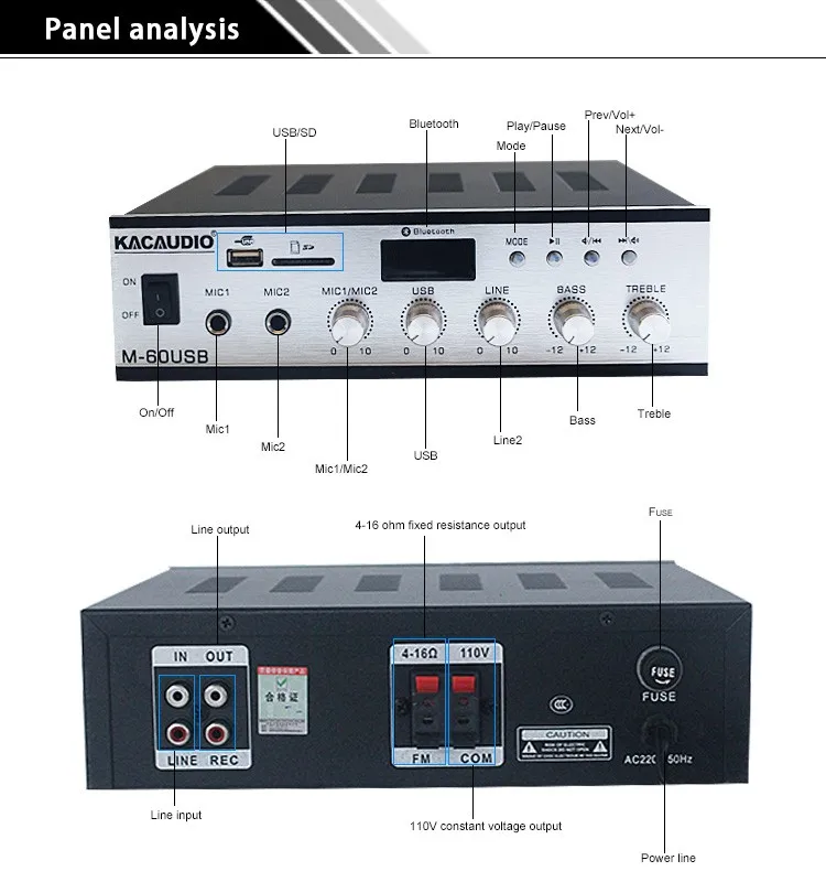 PA System Mini Mixer Power Amplifier 60W with USB, MP3, BT