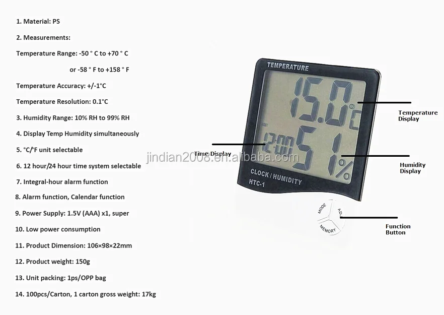 High And Low Temperature Digital Thermometer Alarm Hygrometer Htc-1 ...