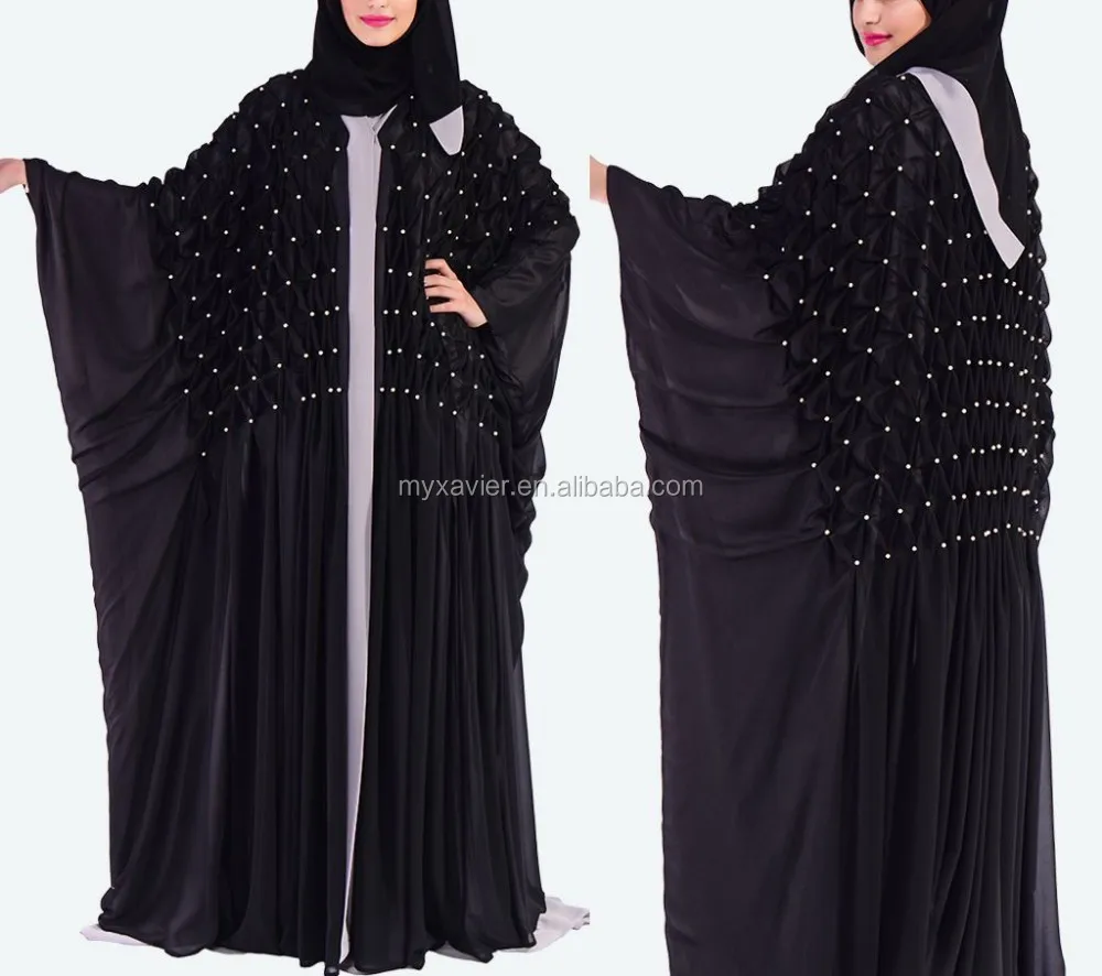 Front Open Butterfly Cut Abaya Black Maxi Muslin Abaya Dress Pearls On The Body Dubai Abaya ...