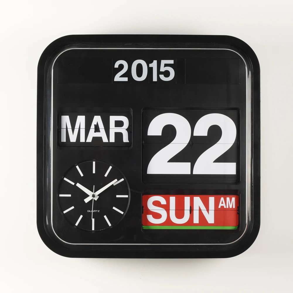 Giant Flip Calendar Wall Clock - Large Quartz Analog Timer in Black ...