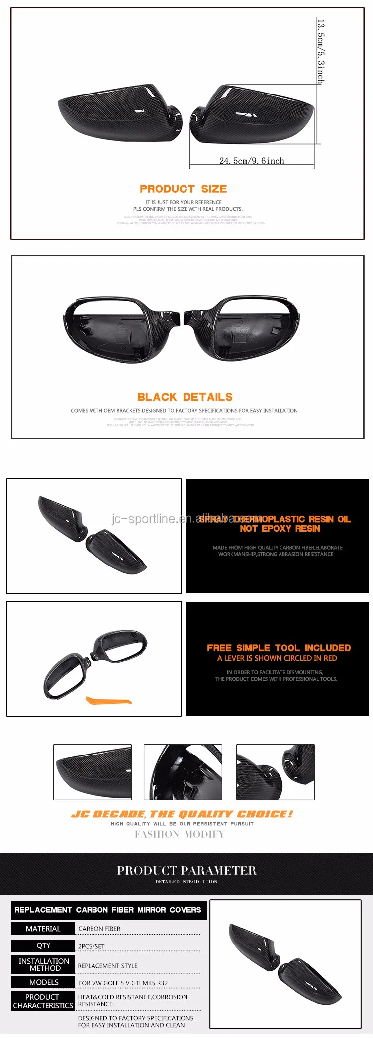 Auto Full Replacement Carbon Fiber Side Mirror Cover For Vw Golf V Gti ...