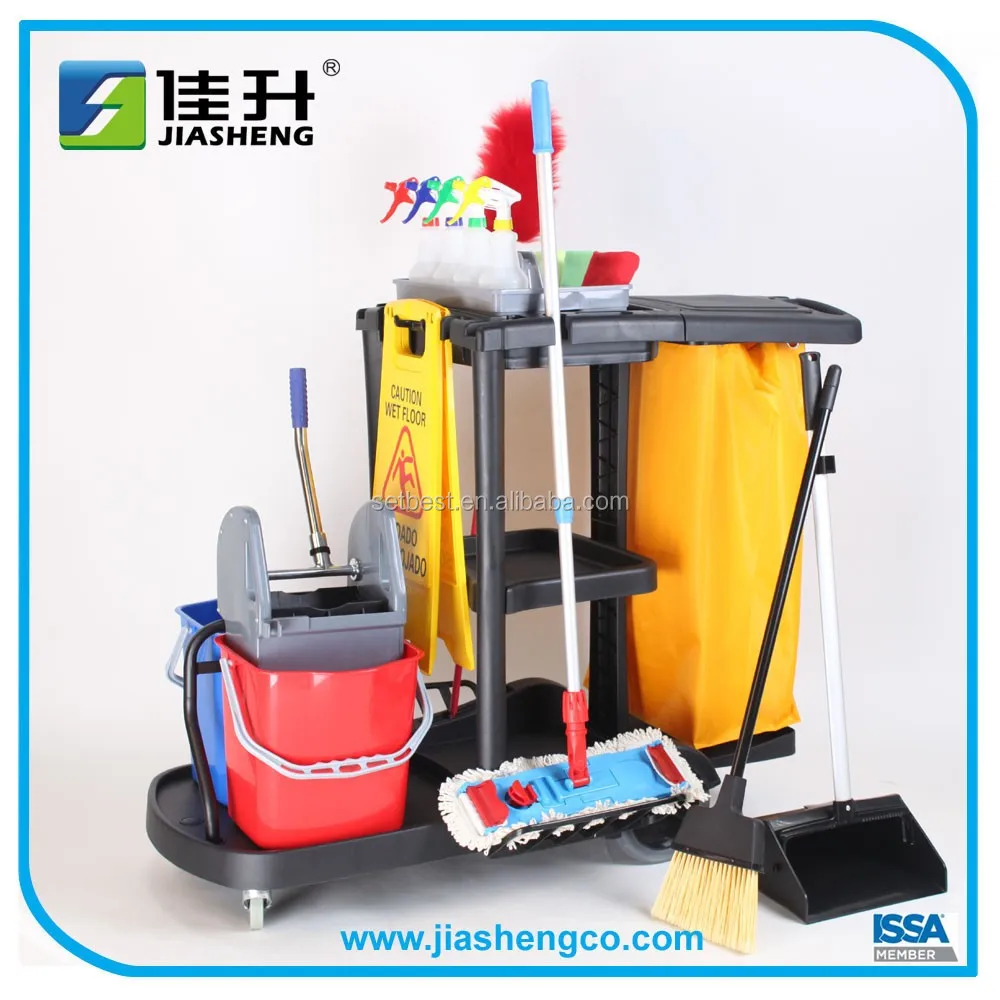 Black Commerical Trolley Multi-function Cleaning Janitor Cart Plastic Trolley Cart With Cover ...