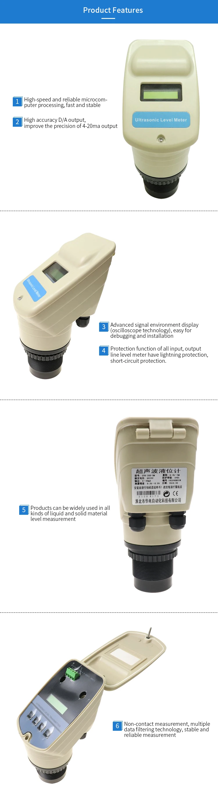 Rs485 4-20ma Output Ultrasonic Level Sensor 20m Grain Silo Radar Level ...