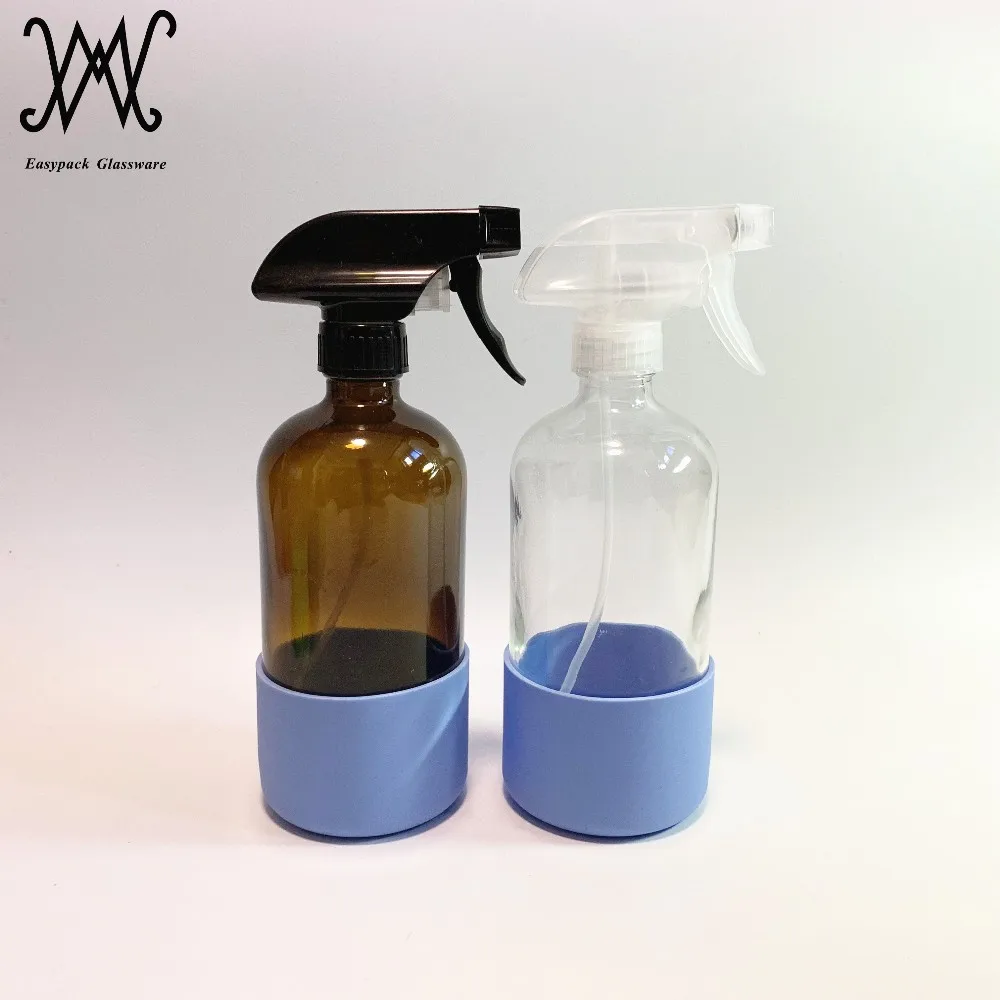 16oz Boston Round Spray Glass Bottle With Silicone Sleeve And Paper ...
