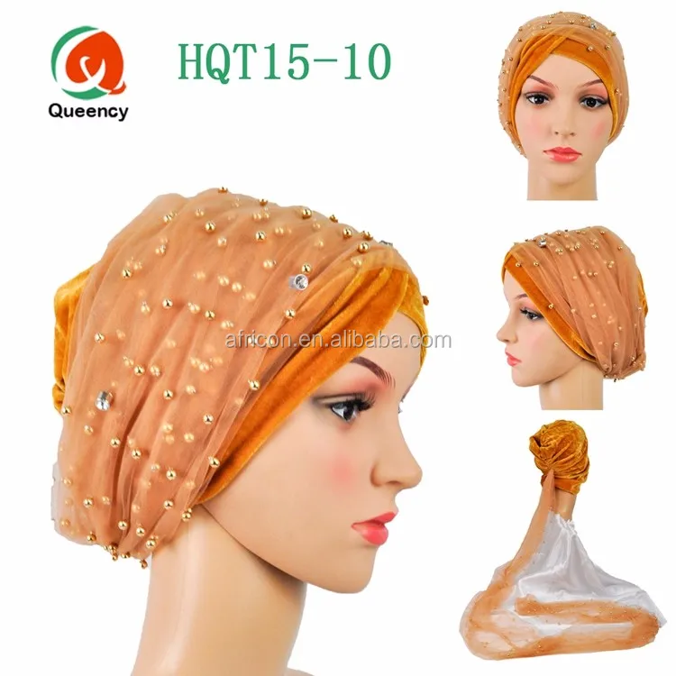Hqt15 Queency New Gorgeous Design Velvet Hat African Turbans Cap With