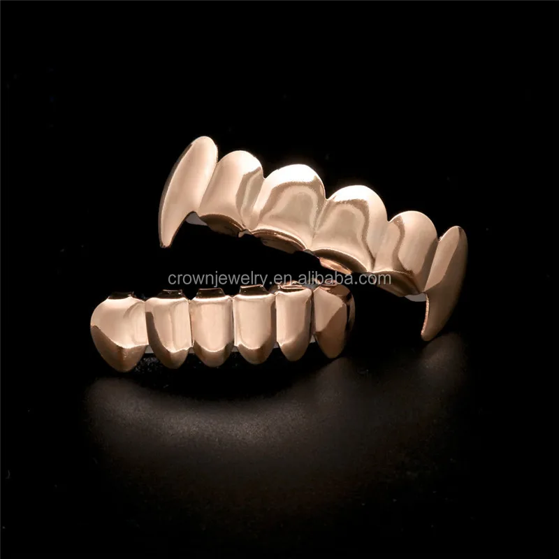 Men Women Rose Gold Grillz Vampire Crystal Inlay Tooth Top Bottom ...