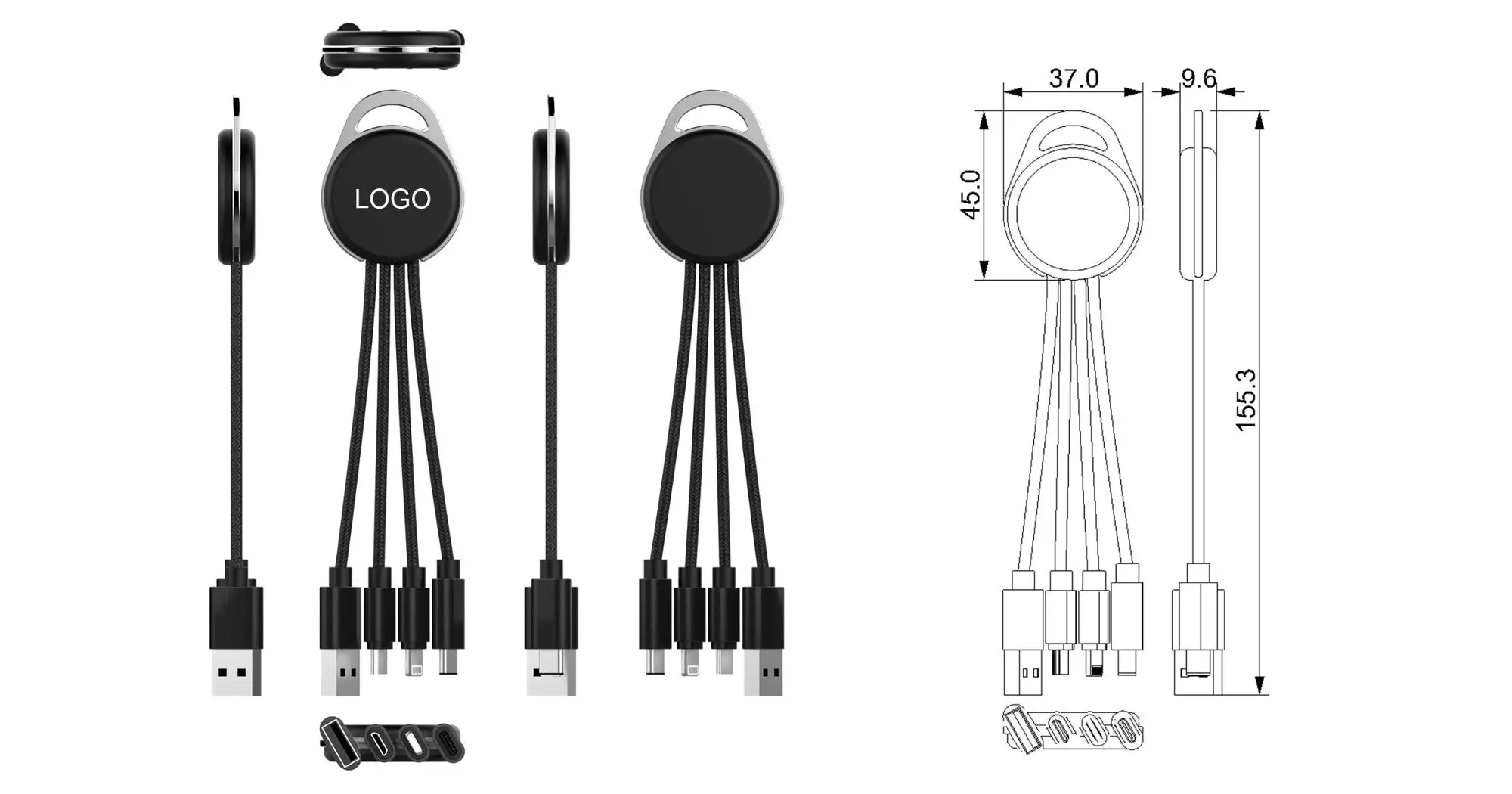 Portable Keychain 4 In 1 Usb Cable For Iphone Type-c Android Custom ...