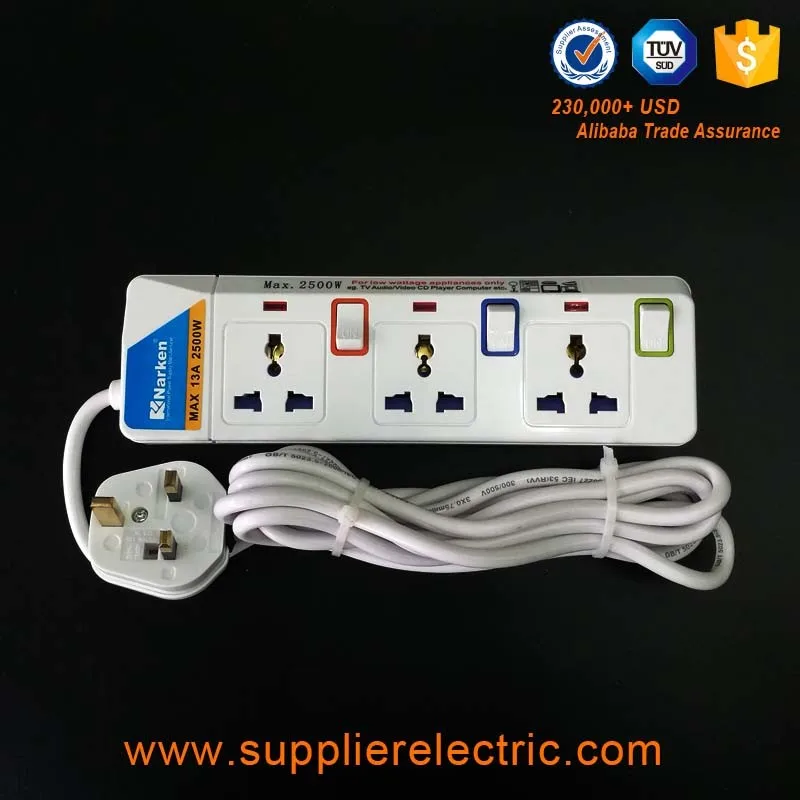 250v 3 Gang Electrical Power Extension Plug Universal Outlet Socket ...