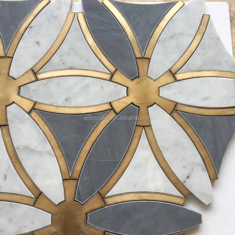 Waterjet Marble Mosaic With Brass Inlay Italy Grey Flower Pattern Tile ...