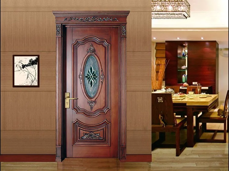 Beautiful Carved Prayer Room Door Design with Oval Glass
