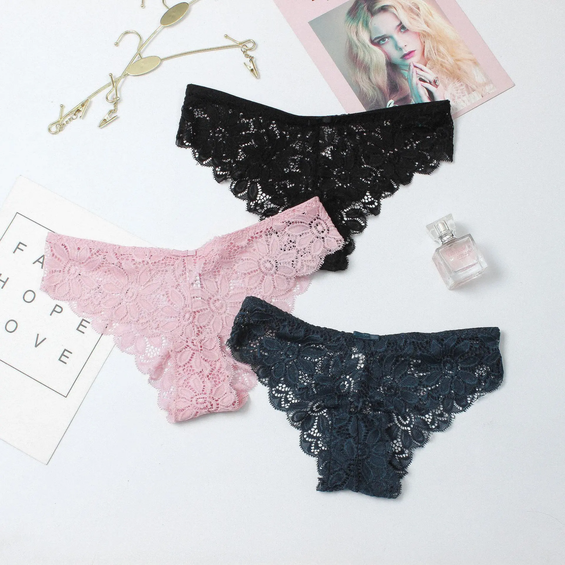 Women Classic Breathable Stretch Lace Triangle Strappy Bralette Panty ...