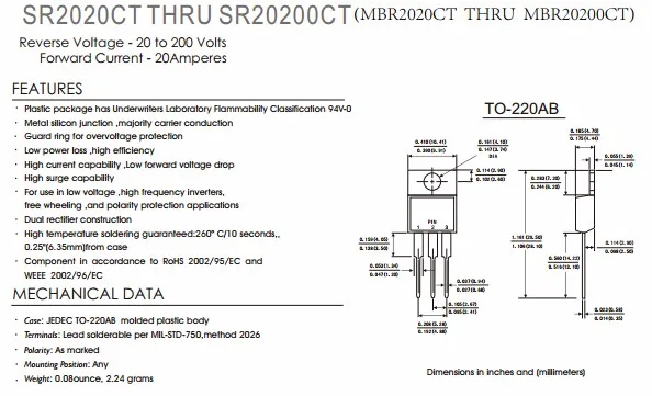 Hfzt Schottky Barrier Rectifier 20 Amp Diode Mbr2060 Mbr20100 Mbr20200 ...