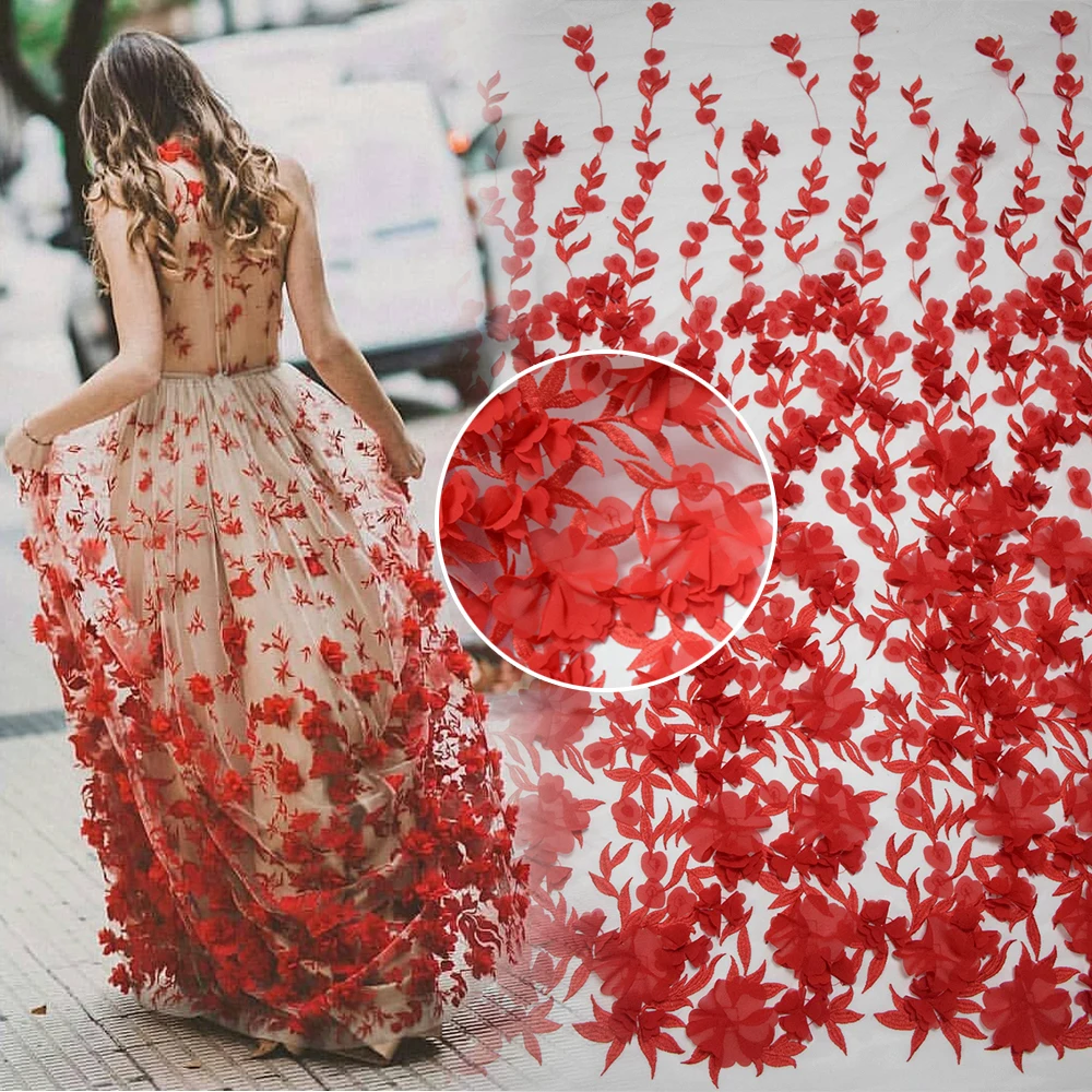 Hot Sales Bridal Netting Fabric Red Wedding Lace 3d Flower Embroidery ...