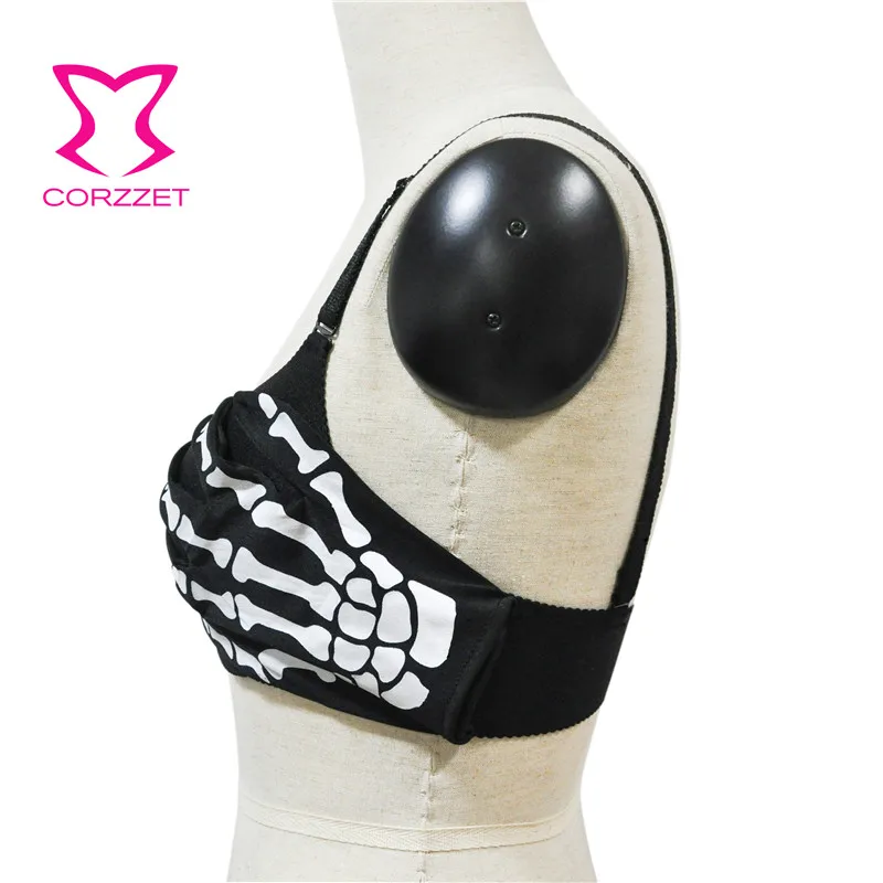 Sexy Black Skull Push Up Skeleton Hands Bra Halloween Cosplay Wear For ...