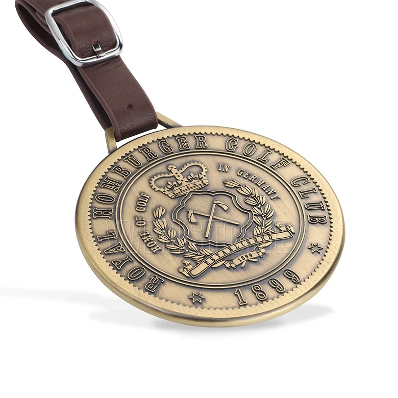Customized Antique Metal Golf Bag Tag with Leather Strap