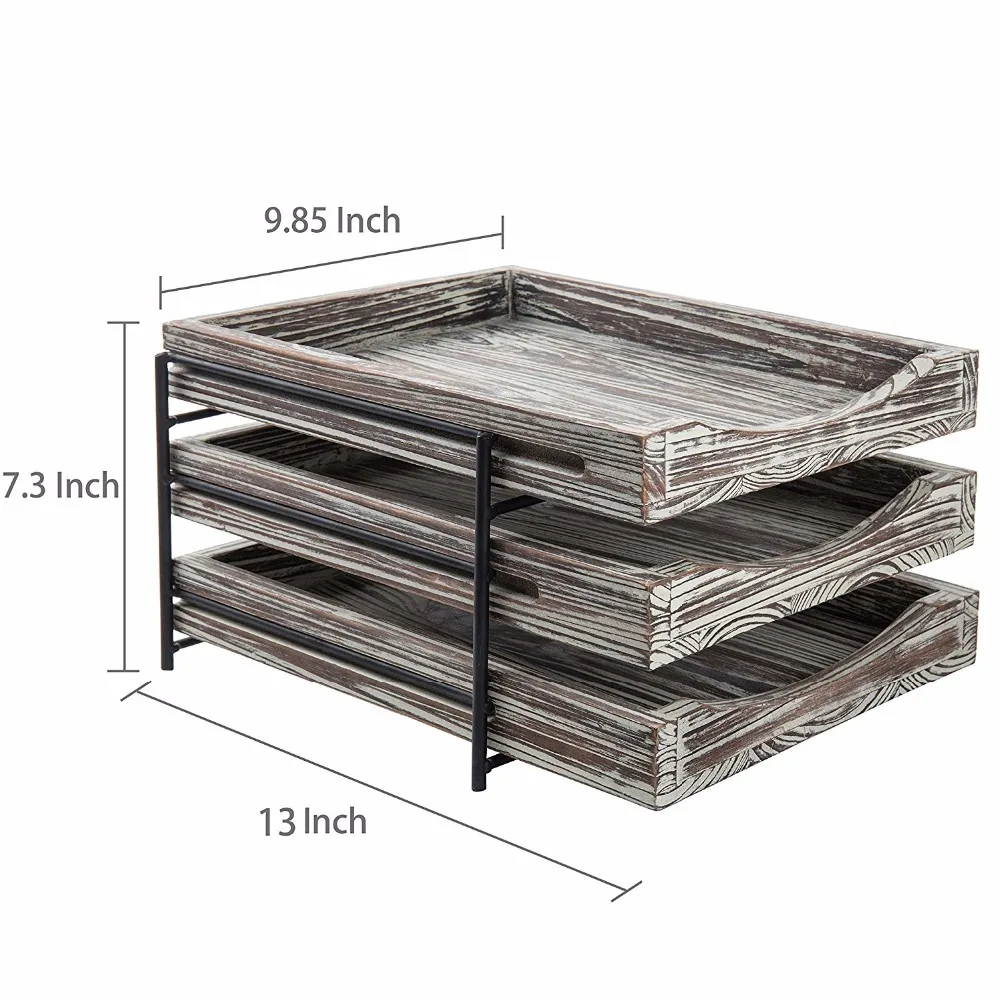 3-tier Rustic Wood And Metal Desk File Organizer With Sliding Trays Eco ...