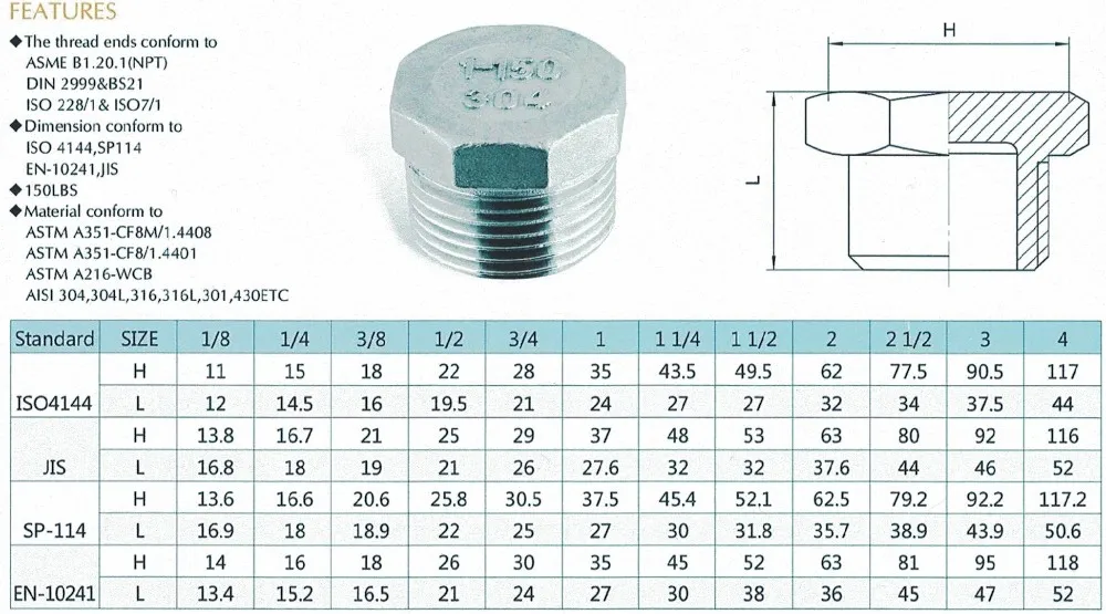SS316 Pipe Fittings Plugs NPT Threaded Hex Square Head Plug