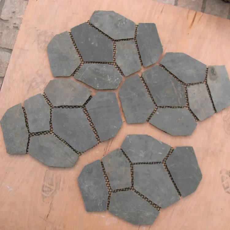 Natural Split Irregular Black Slate Paver Mesh Mounted Flagstone Mat ...