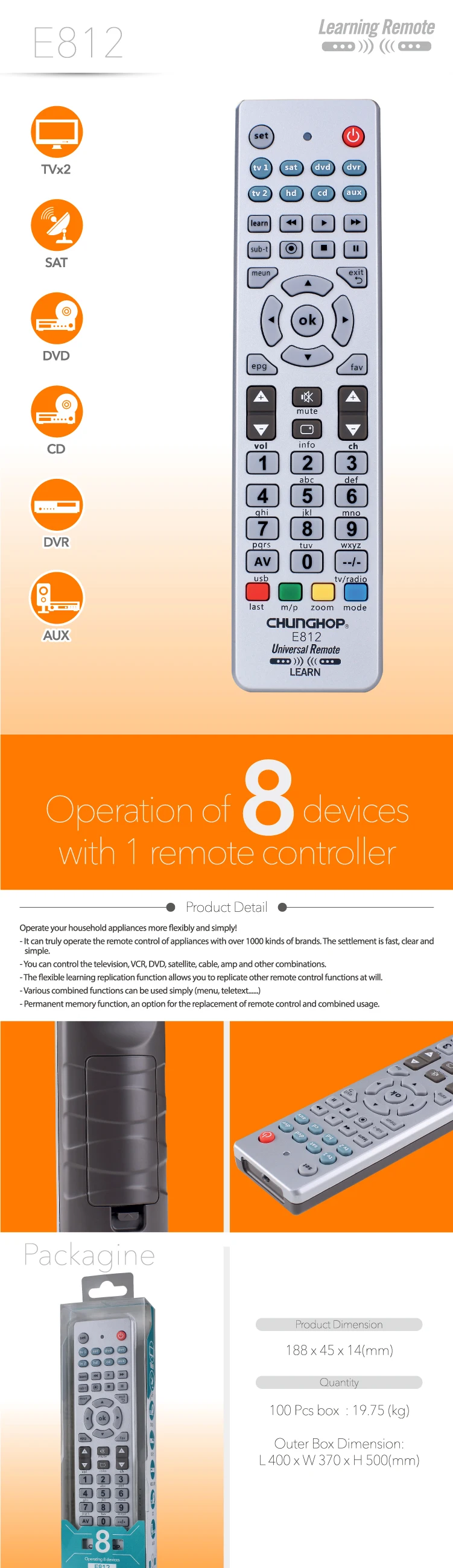 Chunghop E812 Universal Remote Control For Tv With Operation 8 Devices ...