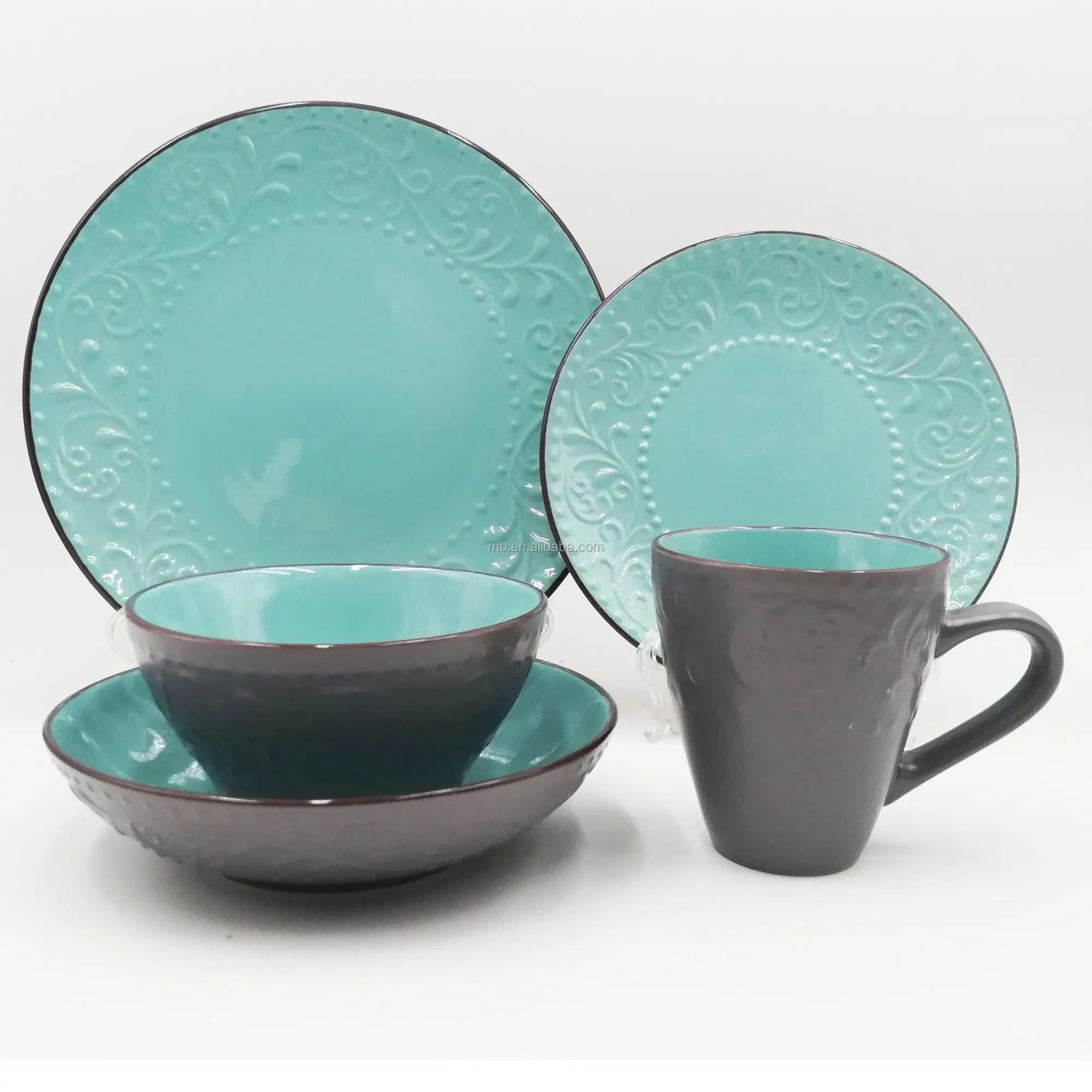 Stoneware 16pcs Color Glazed Embossed Dinner Set Green Color Ceramic ...