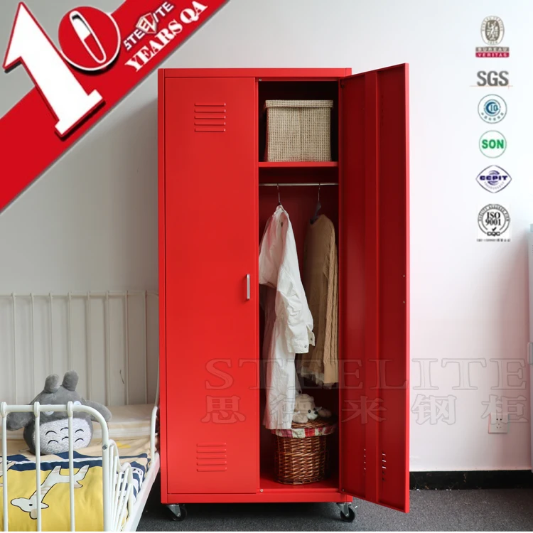 Metal Red 2 Door Wardrobe With Wheels For Small Bedroom Used - Buy 2 ...