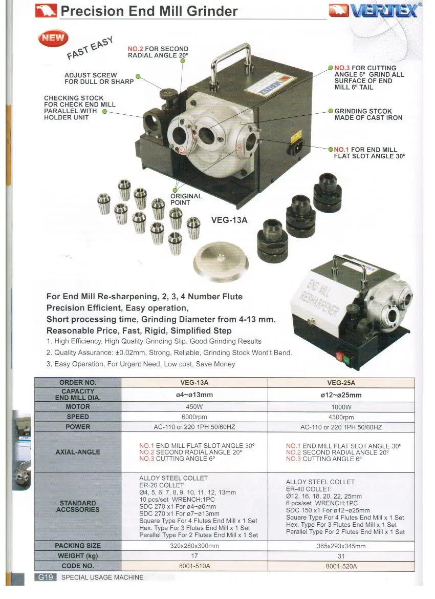 VERTEX TOOLS VEG-13A Precision End Mill Grinder - High Accuracy