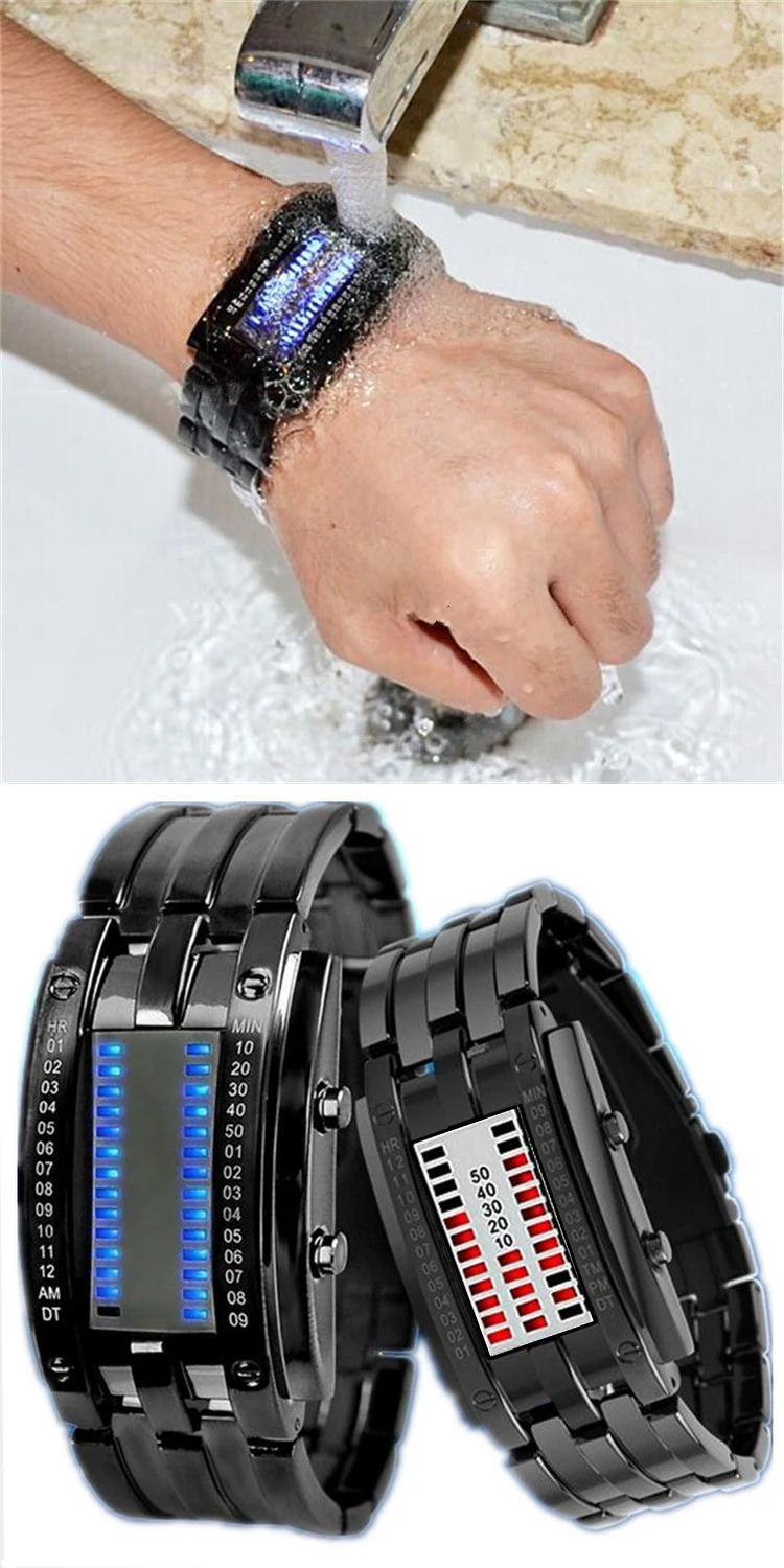 Luxury Rectangle Binary Watches Blue Red Led Lights Stainless Steel ...